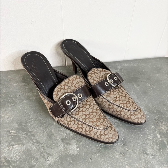 Coach | Shoes | Coach Vintage Pointy Toe Kitten Heel Mules Logo Brown ...